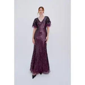RAISHMA Sequin Embellished Gown With Feathered Sleeves
