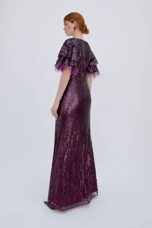 RAISHMA Sequin Embellished Gown With Feathered Sleeves