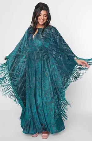 Unique Vintage 1960s Fringe Flutter Sleeve Caftan - Emerald Floral