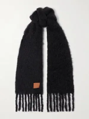 Loewe Fringed Appliquéd Leather-trimmed Brushed Mohair-blend Scarf - Black