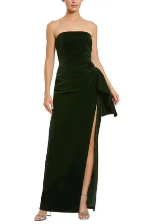 Mac Duggal Strapless Draped Velvet Ankle Gown With Slit - Olive