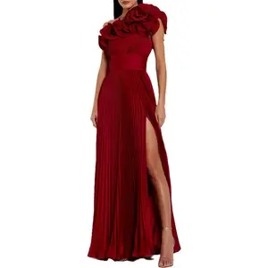 Mac Duggal Pleated Charmeuse One Shoulder Gown - Red
