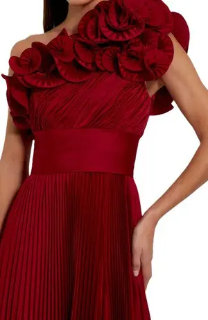 Mac Duggal Pleated Charmeuse One Shoulder Gown - Red
