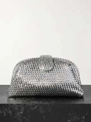 Bottega Veneta Small Intrecciato Metallic Leather Clutch - Silver