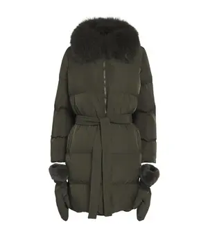 YVES SALOMON Down Puffer Coat With Fox Fur Collar And Rabbit Fur Mittens