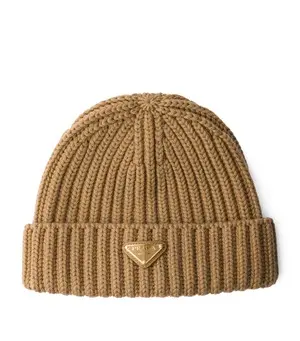 Prada Wool Beanie With Logo Brown