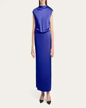 Giorgio Armani High-neck Double Silk Satin Gown - Blue