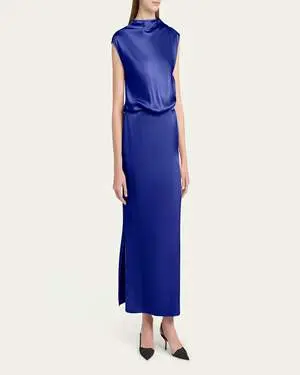 Giorgio Armani High-neck Double Silk Satin Gown - Blue