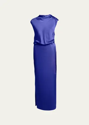 Giorgio Armani High-neck Double Silk Satin Gown - Blue