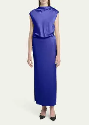 Giorgio Armani High-neck Double Silk Satin Gown - Blue