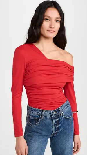 Susana Monaco One Shoulder Ruched Top - Perfect Red