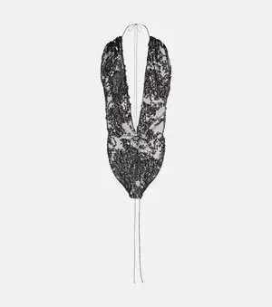 Victoria Beckham Sequined Halterneck Tulle Bodysuit - Black