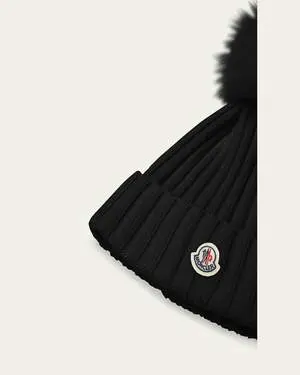 Moncler Ribbed Beanie With Faux Fur Pom - Black