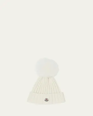 Moncler Moncler Ribbed Beanie With Faux Fur Pom Natural