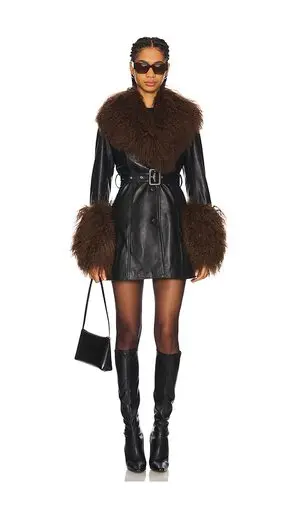 SUSANNA CHOW Mimi Leather Coat With Fur Trim - Black & Brown