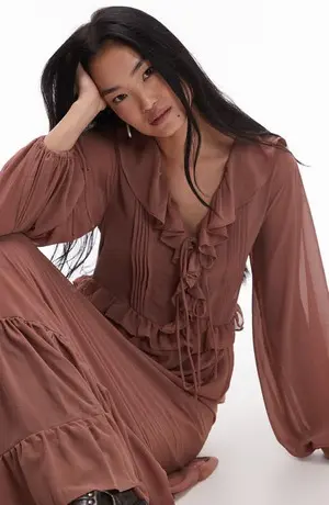 Topshop Ruffle Long Sleeve Chiffon Maxi Dress In Brown - 55% Off |  Editorialist