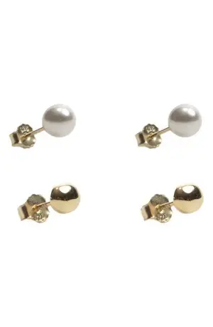 Argento Vivo Freshwater Pearl & Round Stud Earrings Set - Gold