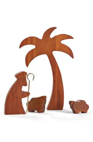 NAMBE Nativity Four-piece Wood Shepherd With Lambs & Palm Tree Set - Brown