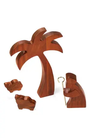 NAMBE Nativity Four-piece Wood Shepherd With Lambs & Palm Tree Set