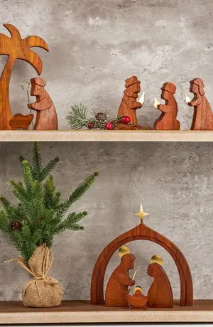 NAMBE Nativity Four-piece Wood Shepherd With Lambs & Palm Tree Set