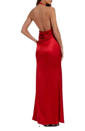 Mac Duggal Fitted Satin Halter Gown With 3d Flower - Red