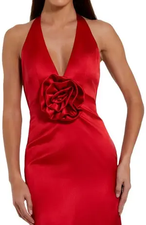 Mac Duggal Fitted Satin Halter Gown With 3d Flower - Red