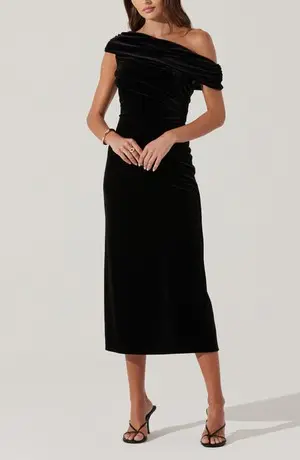 Astr The Label One-shoulder Velvet Midi Dress - Black