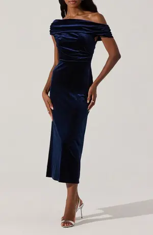 Astr The Label One-shoulder Velvet Midi Dress - Midnight