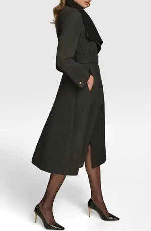 Donna Karan New York Rib Belted Wool-blend Wrap Coat With Bib