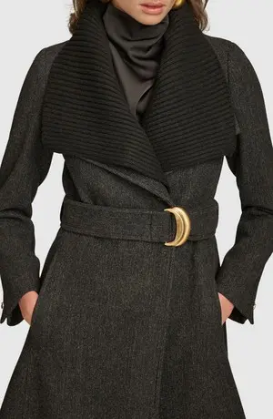 Donna Karan New York Rib Belted Wool-blend Wrap Coat With Bib