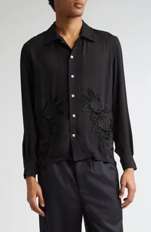 BODE Midnight Daffodil Long Sleeve Silk Button-up Shirt