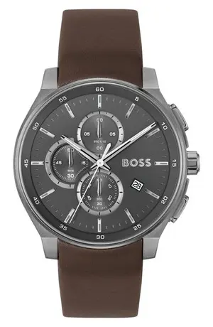 BOSS Chronograph Leather Strap Watch - Brown/gray