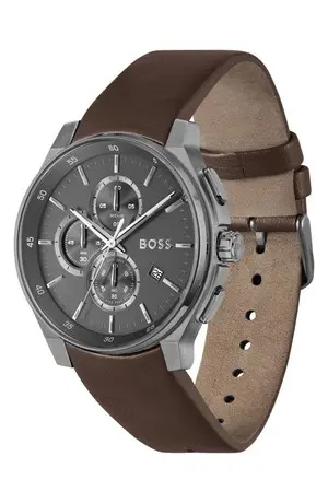 BOSS Chronograph Leather Strap Watch - Gray