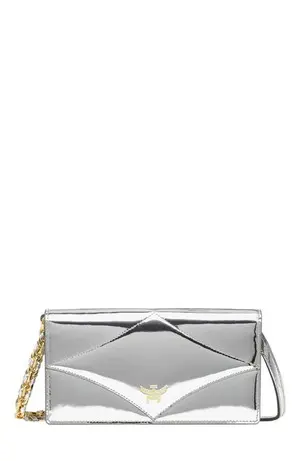 Mcm Diamond Chain Wallet In Metallic Mirror Leather - Silver