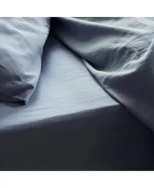 PIGLET IN BED Linen Blend Fitted Sheet, Full Dusk Blue