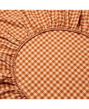 PIGLET IN BED Gingham Linen Blend Fitted Sheet, Full Cinnamon/peach