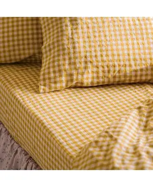 PIGLET IN BED Gingham Linen Blend Fitted Sheet, Full Honey Gingham