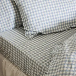 PIGLET IN BED Gingham Linen Blend Fitted Sheet, Full Warm Blue Gingham