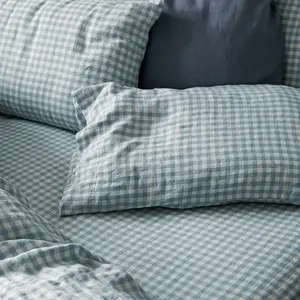 PIGLET IN BED Gingham Linen Blend Fitted Sheet - Warm Blue Gingham