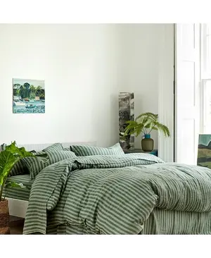 PIGLET IN BED Pembroke Stripe Linen Blend Fitted Sheet - Pine Green