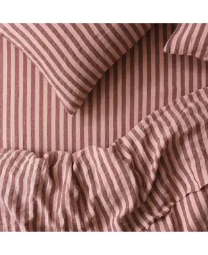 PIGLET IN BED Pembroke Stripe Linen Blend Fitted Sheet - Rhubarb/rose