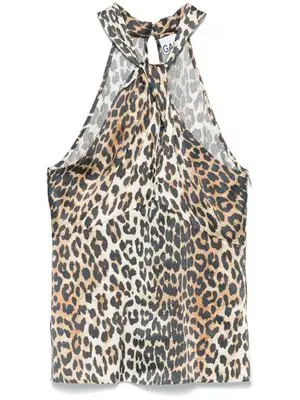 GANNI Leopard-print Satin Halterneck Top - Neutrals