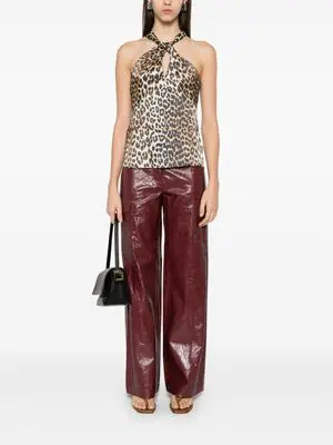 GANNI Leopard-print Satin Halterneck Top - Neutrals