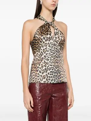 GANNI Leopard-print Satin Halterneck Top - Neutrals