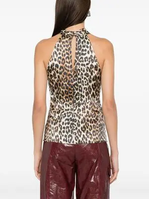 GANNI Leopard-print Satin Halterneck Top - Neutrals