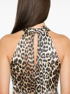 GANNI Leopard-print Satin Halterneck Top - Neutrals