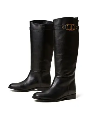 TWINSET Oval T Leather Knee High Boots