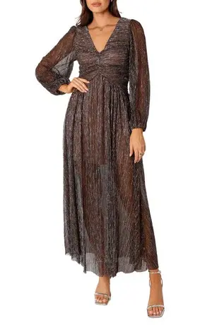PETAL & PUP Lustre Long Sleeve Midi Dress - Bronze
