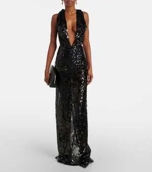Victoria Beckham Sequined Halterneck Tulle Bodysuit