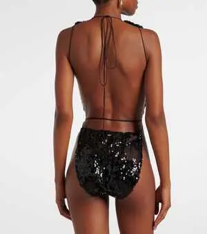 Victoria Beckham Sequined Halterneck Tulle Bodysuit